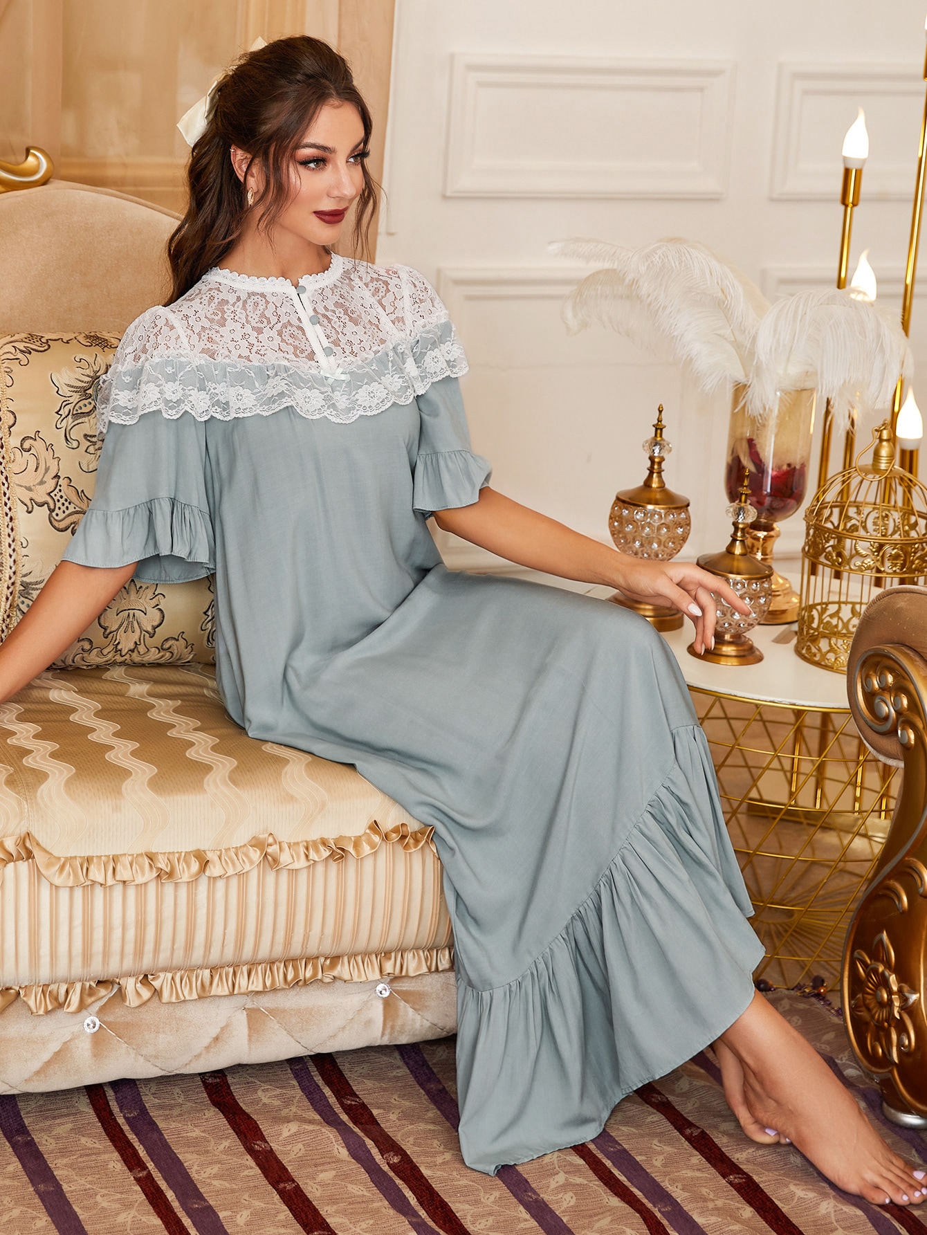 Lace Insert Ruffle Hem Night Dress