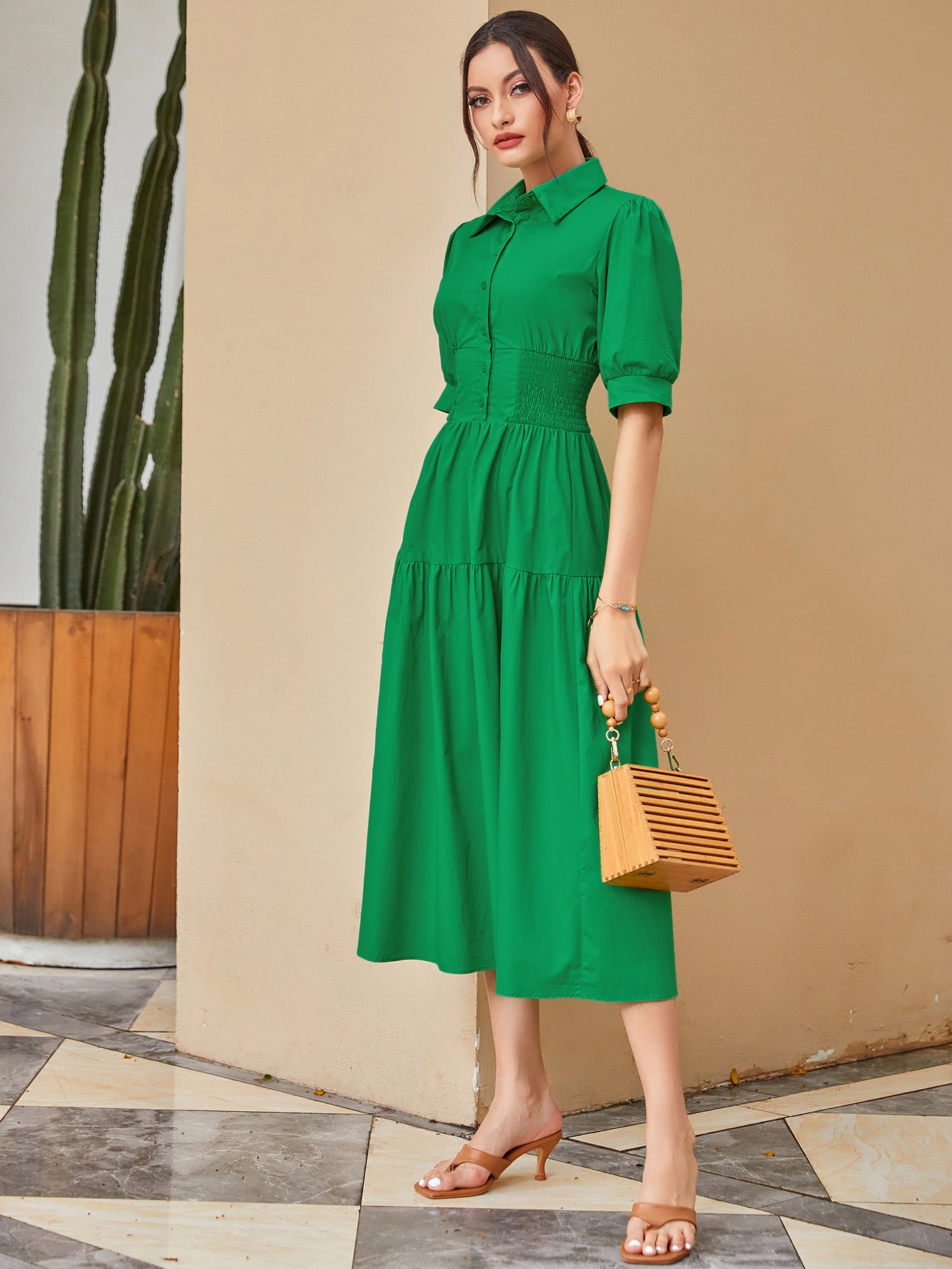 Shein Mulvari Shirred Waist Ruffle Hem Shirt Dress Shein Uk