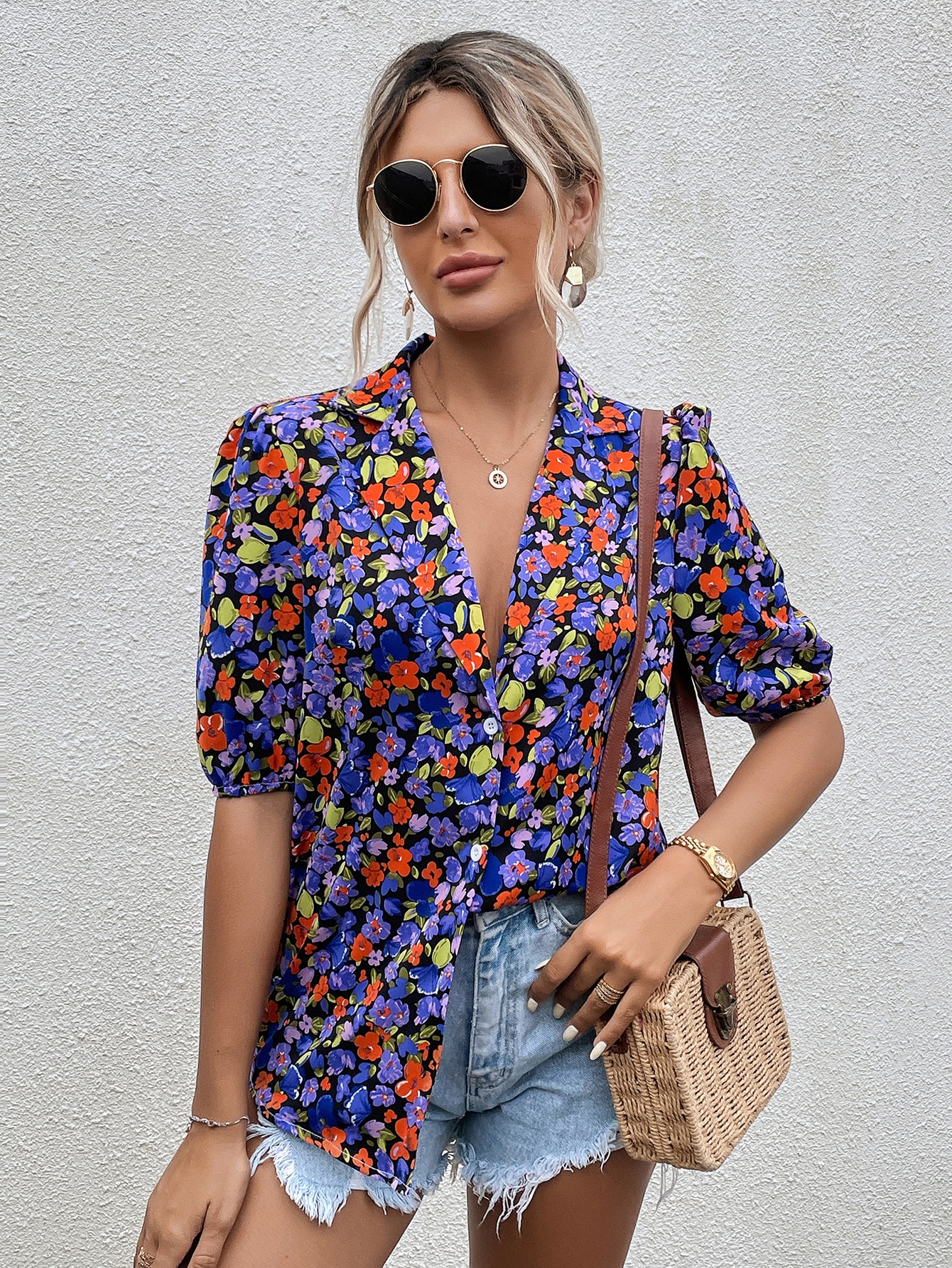 SHEIN Privé Allover Floral Print Puff Sleeve Shirt | SHEIN USA