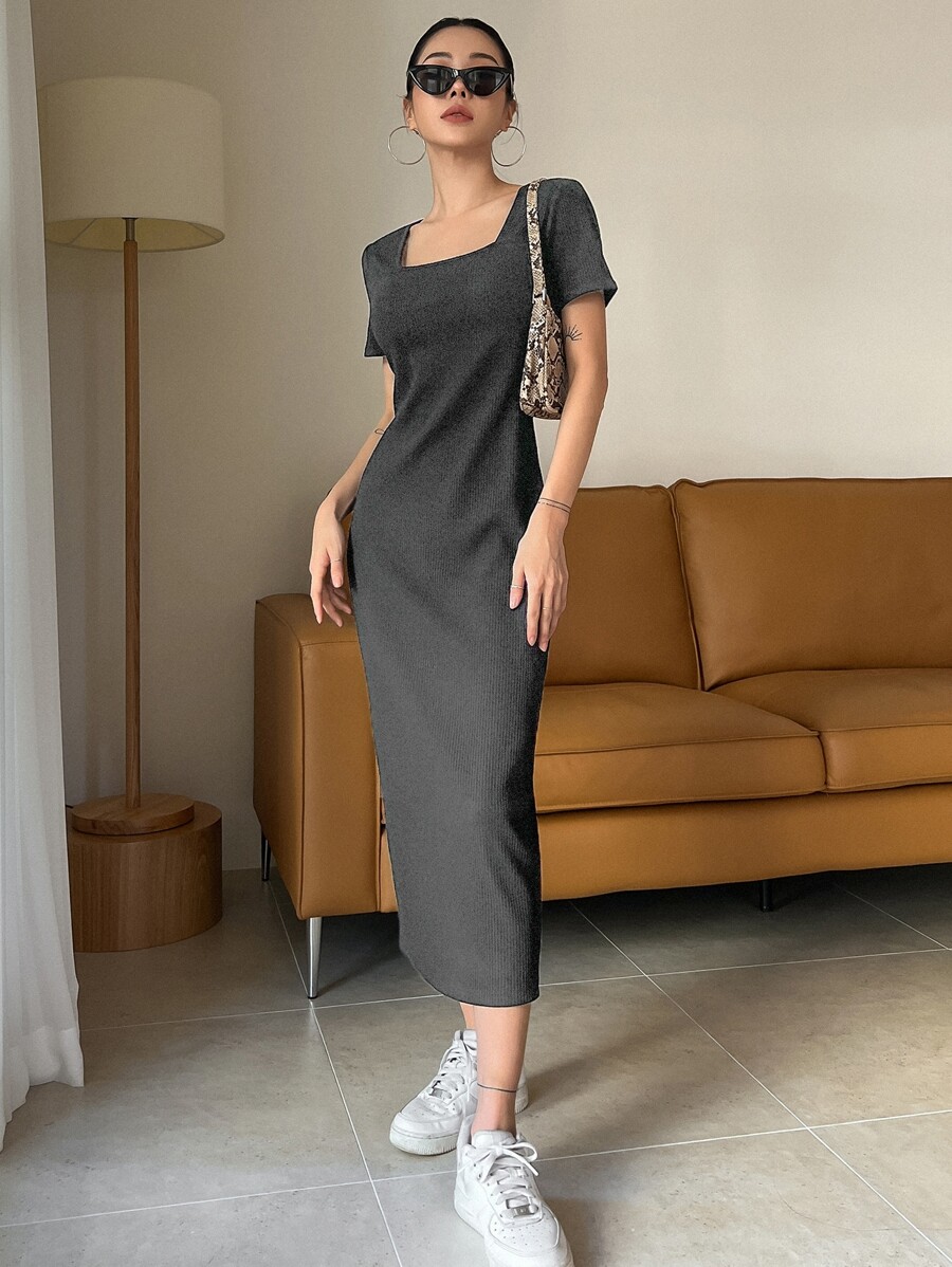 DAZY Square Neck Rib-knit Dress | SHEIN USA