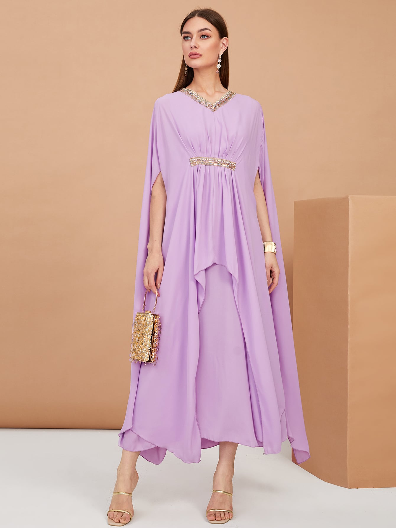 SHEIN Contrast Sequin Ruffle Cloak Sleeve Asymmetrical Hem Dress ...