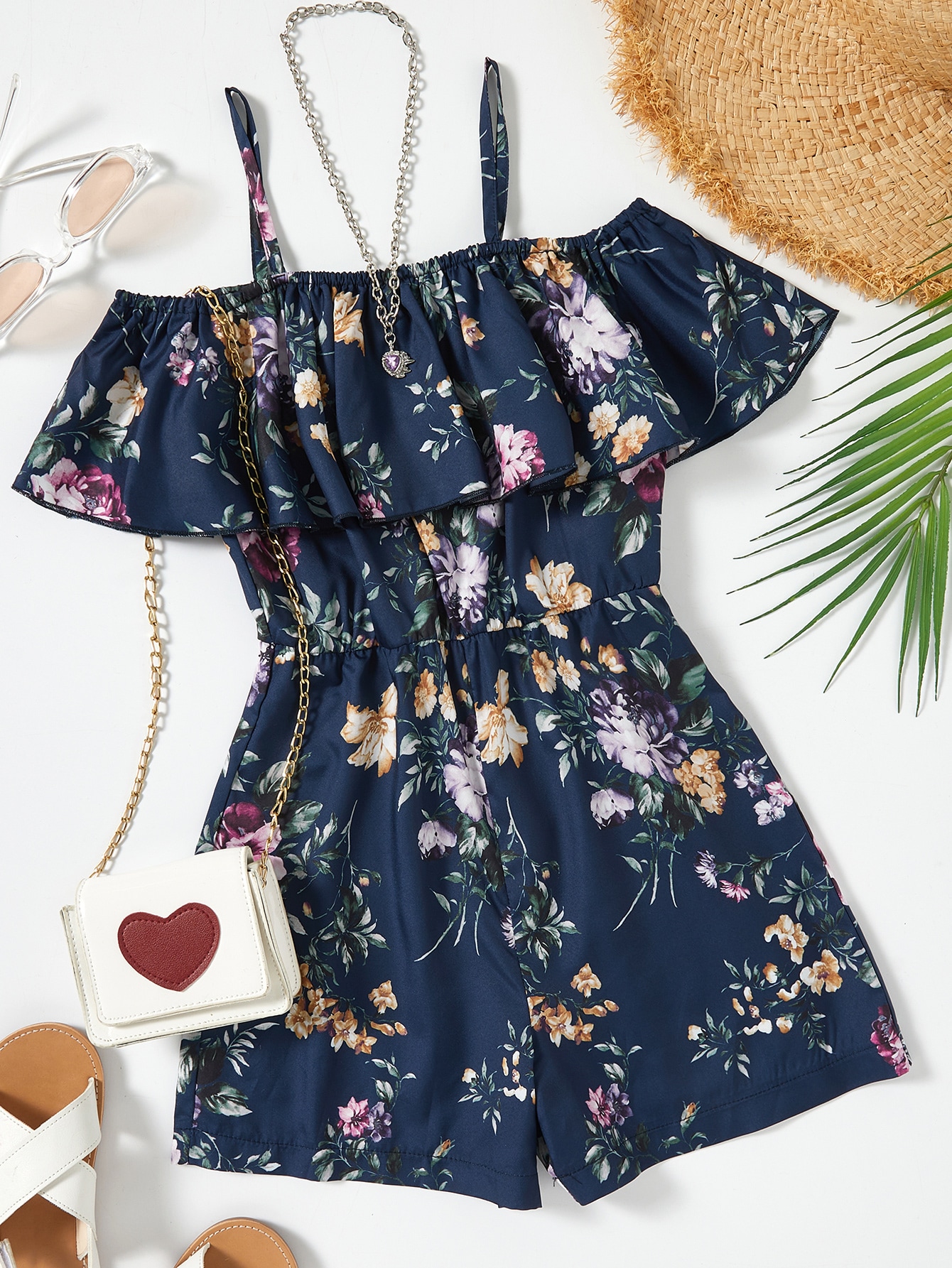 SHEIN Kids EVRYDAY Tween Girl Floral Cold Shoulder Ruffle Trim Romper ...