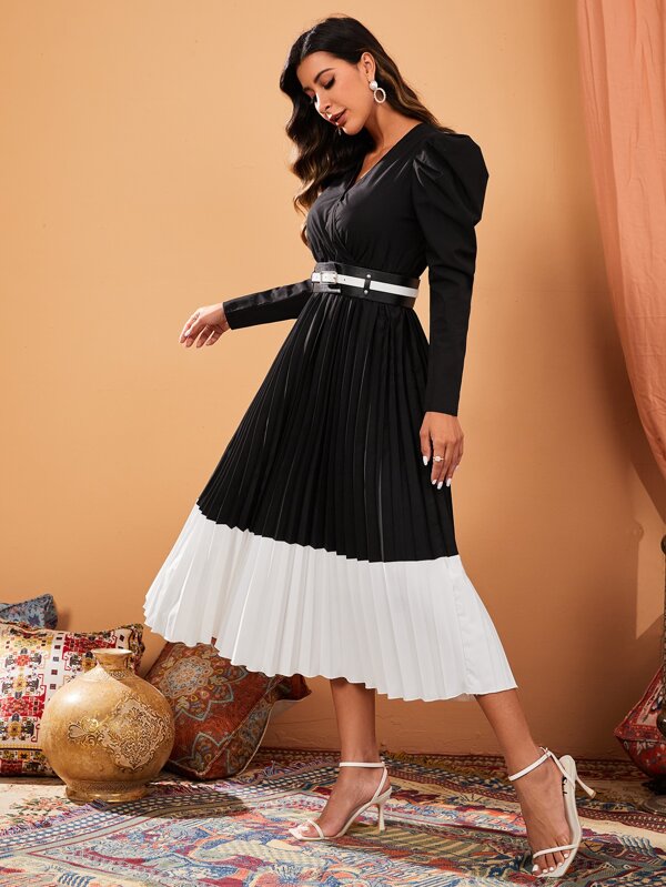 SHEIN BIZwear Gigot Sleeve Colorblock Pleated Hem Belted Dress | SHEIN USA