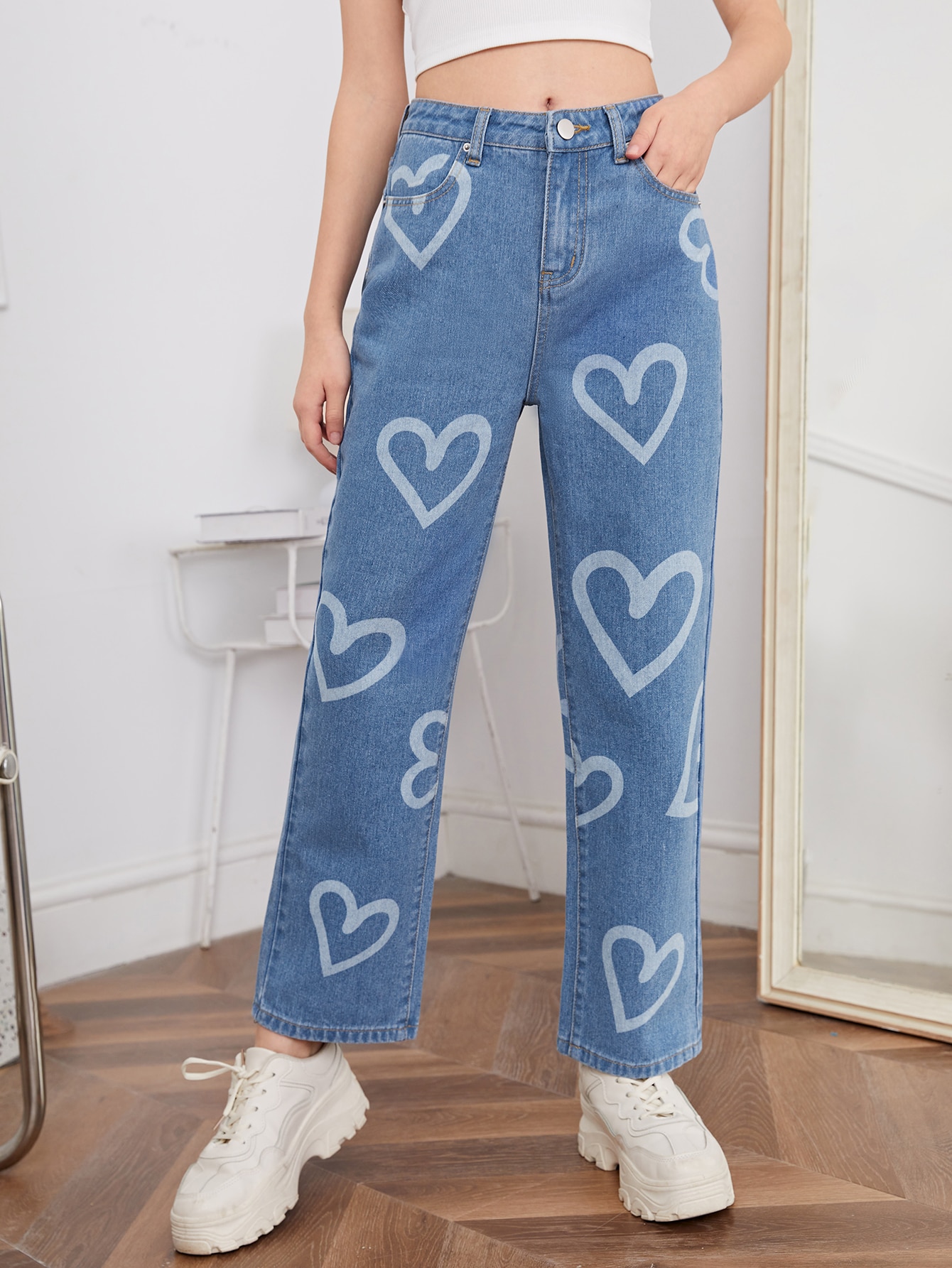 Teen Girls Heart Print Jeans
