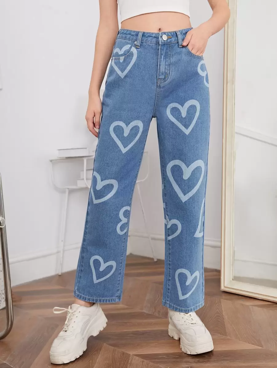 Tween Girl Heart Print Jeans | SHEIN USA
