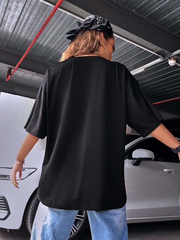 Shein Badge And Letter Graphic Drop Shoulder Oversized Tee Shein Usa