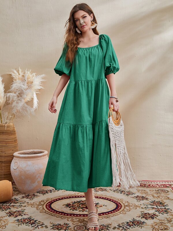 SHEIN Mulvari Puff Sleeve Solid Smock Dress | SHEIN