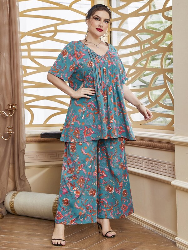 Shein Mulvari Plus Floral Print Press Crease Detail Top And Wide Leg
