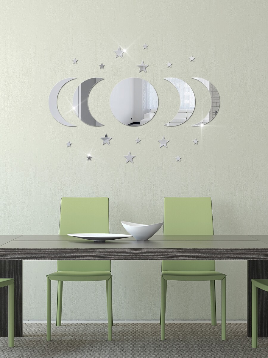 20pcs Moon & Star Shaped Mirror Wall Sticker, Self Adhesive Decorative ...