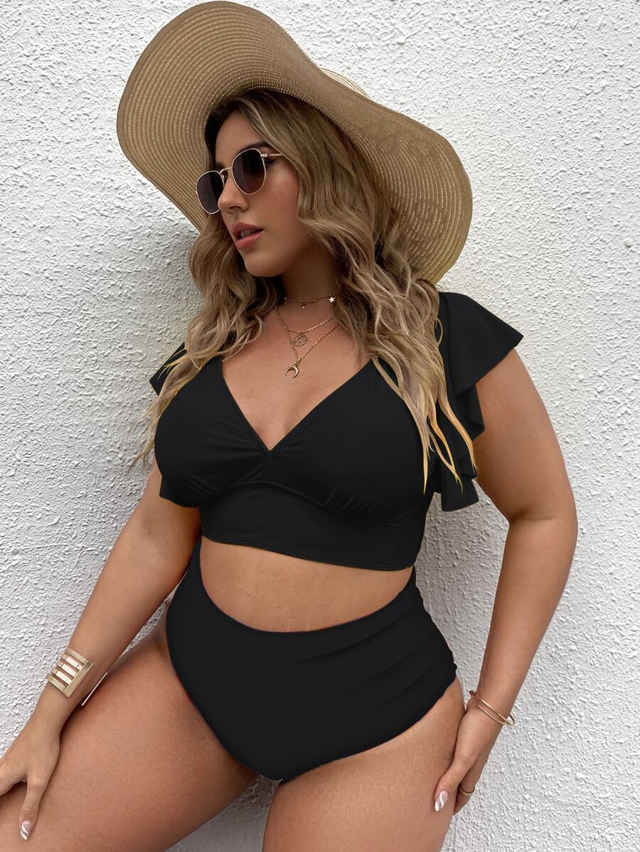 Shein Swim Curve Summer Beach Plus Size Ruffle Trim High Waisted Bikini