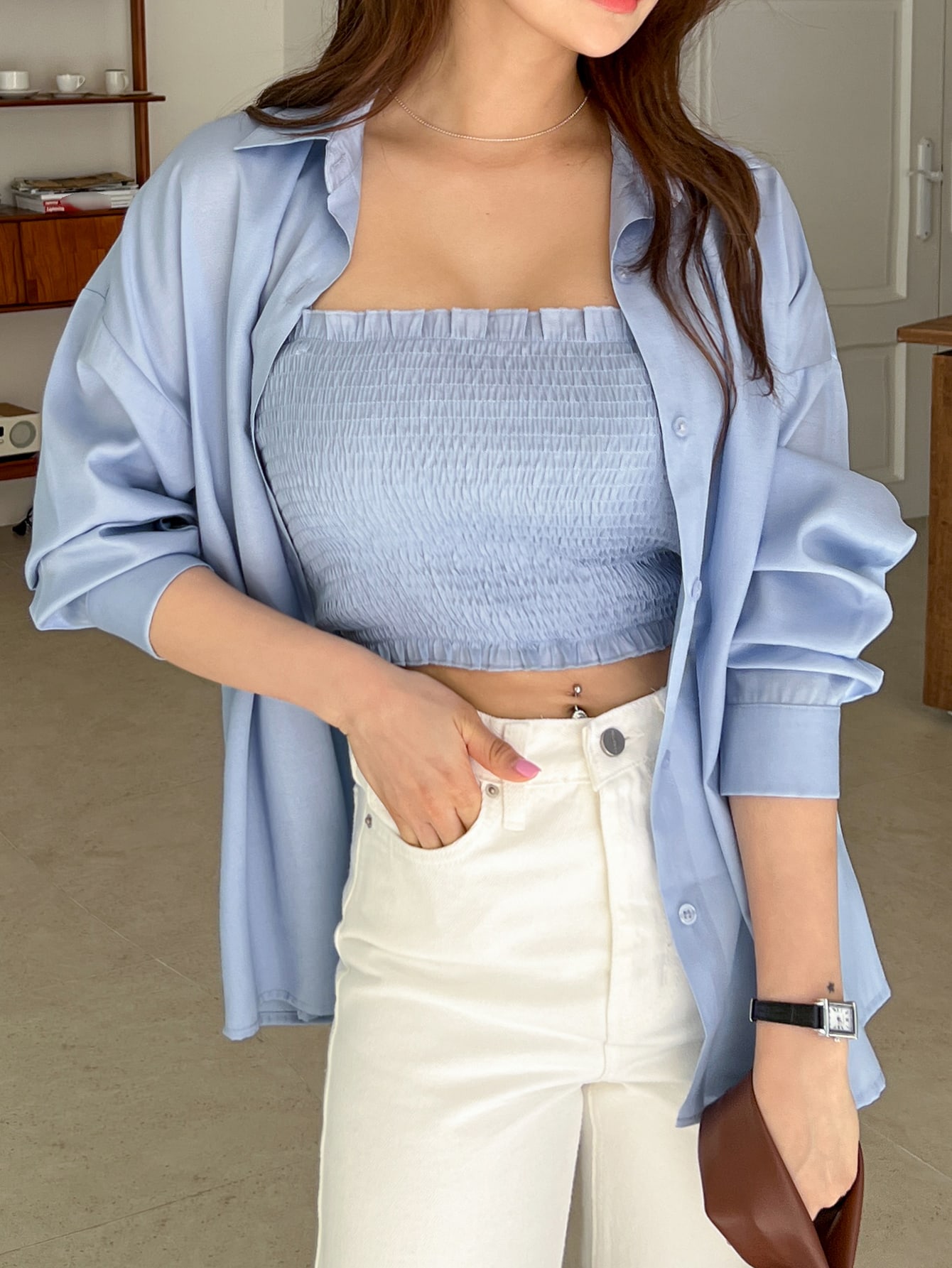 DAZY Ropa Dos piezas para Mujer Fruncido Botón delantero Liso Casual