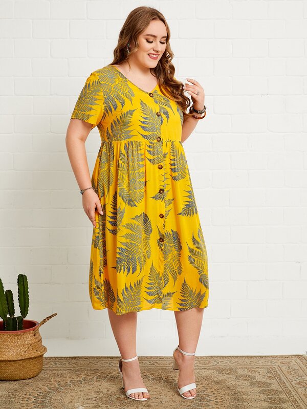 EMERY ROSE Plus Leaf Print Smock Dress | SHEIN USA