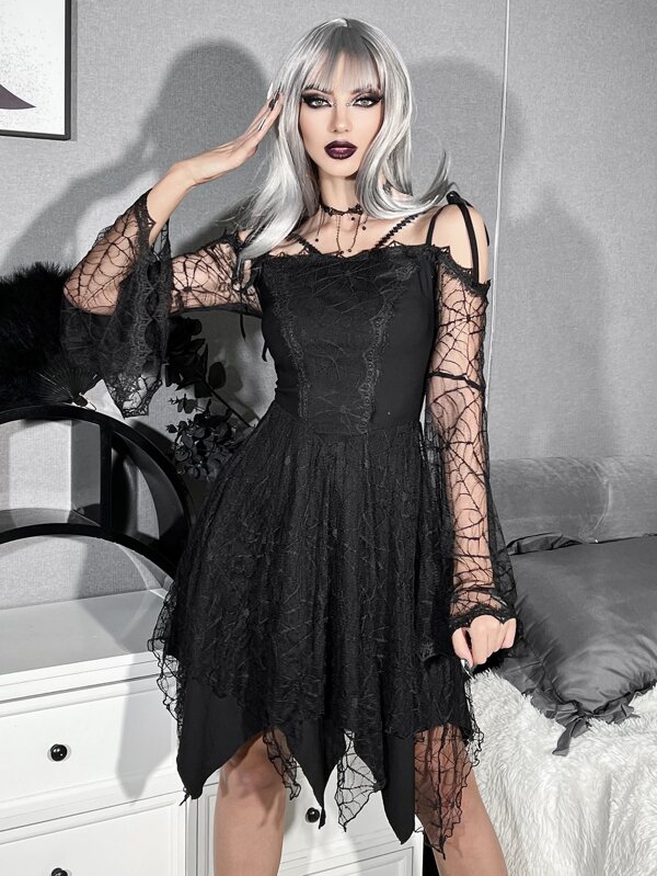 Gothic Tie Shoulder Trumpet Sleeve Mesh Overlay Dress | SHEIN USA