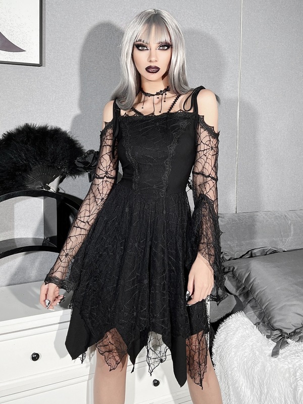 Gothic Tie Shoulder Trumpet Sleeve Mesh Overlay Dress | SHEIN USA