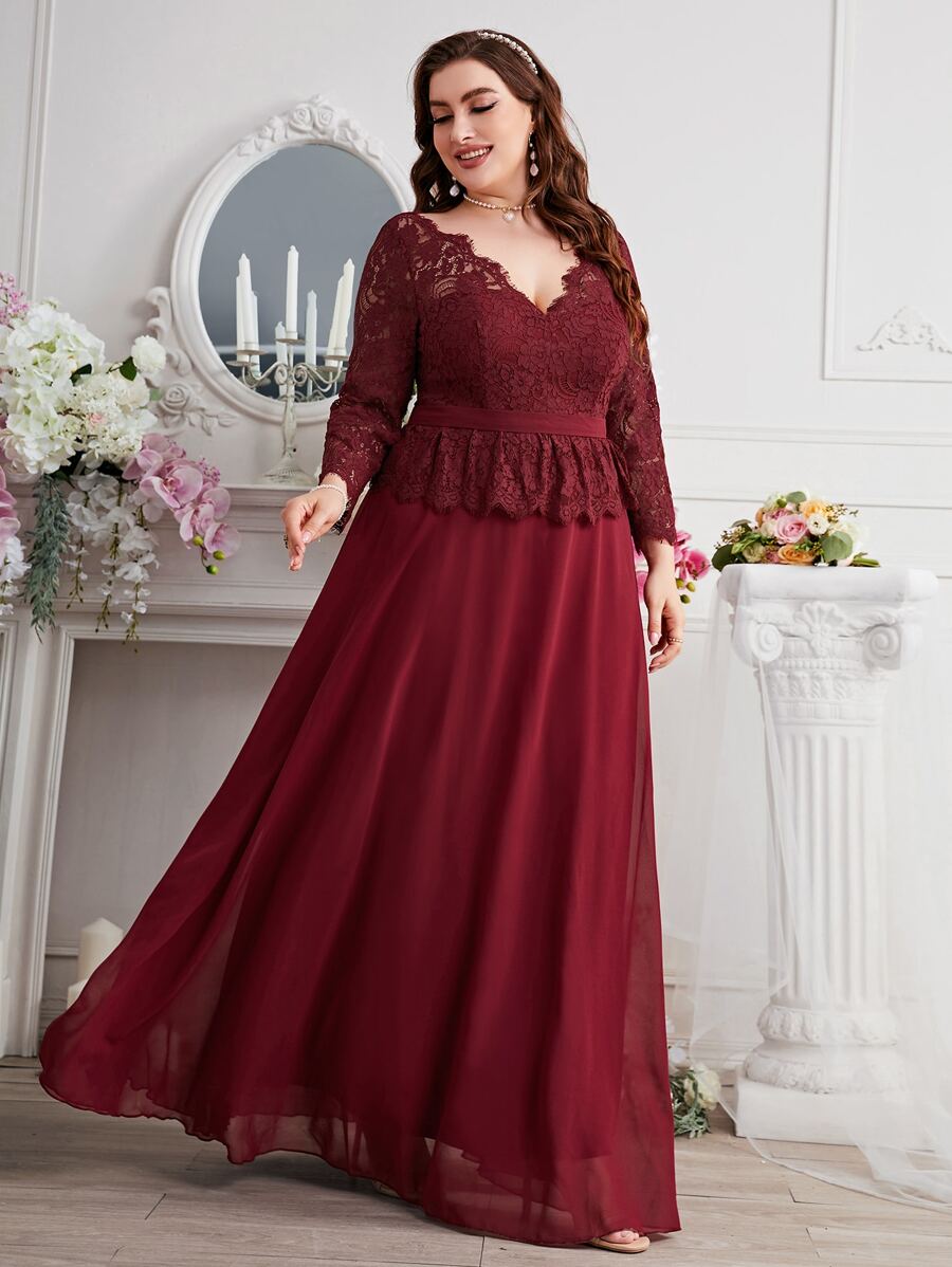 SHEIN Belle Burgundy Red Plus Contrast Eyelash Lace Ruffle Trim Chiffon ...