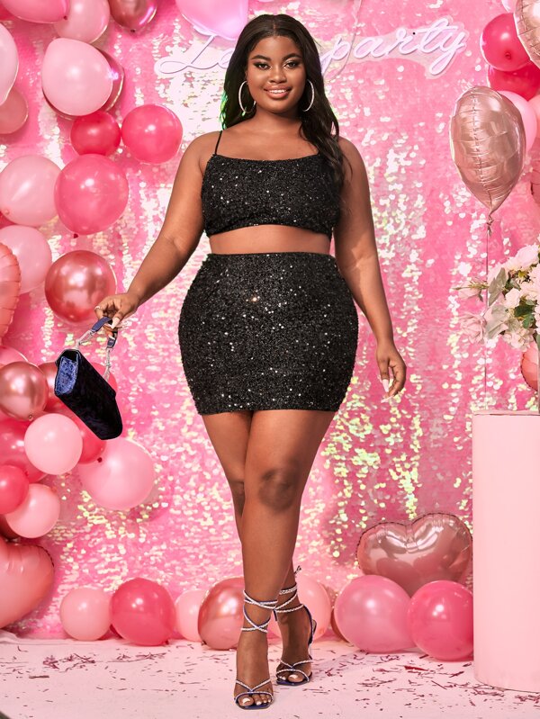 SHEIN BAE Plus Sequin Cami Top & Zip Back Bodycon Skirt | SHEIN USA