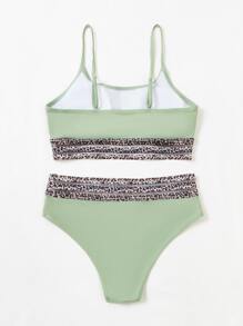 SHEIN Swim Summer Beach Leopard Mesh Panel Tankini Set Adjustable Strap ...