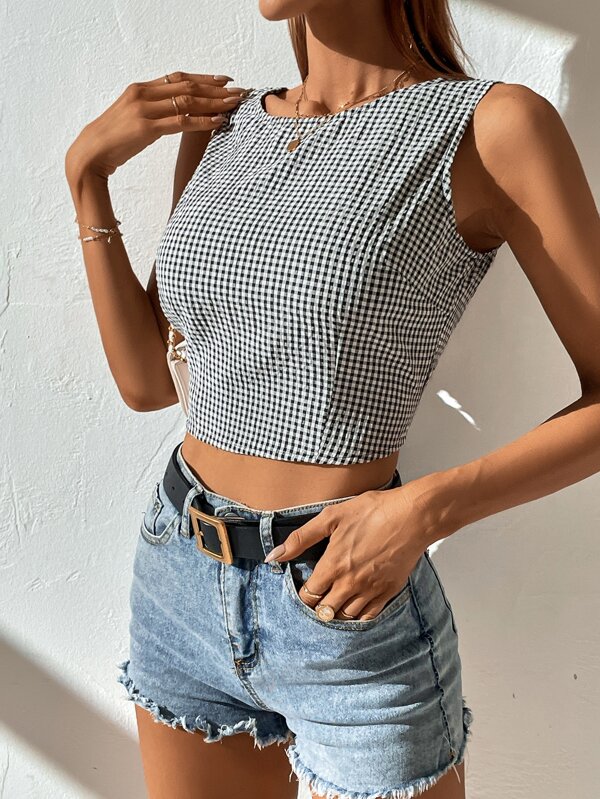 Shein Frenchy Gingham Print Tie Backless Blouse Shein Usa