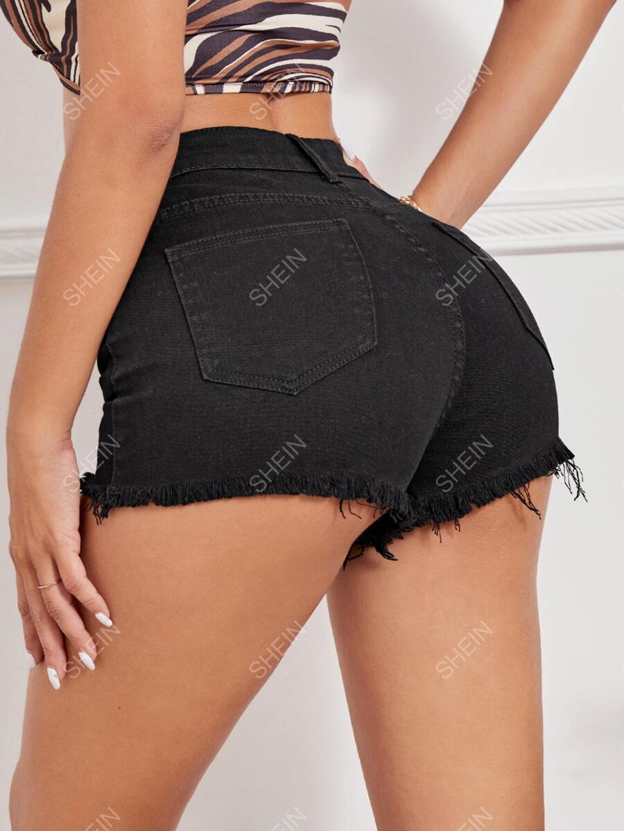 Shein Essnce High Waist Ripped Raw Trim Denim Shorts Shein Uk
