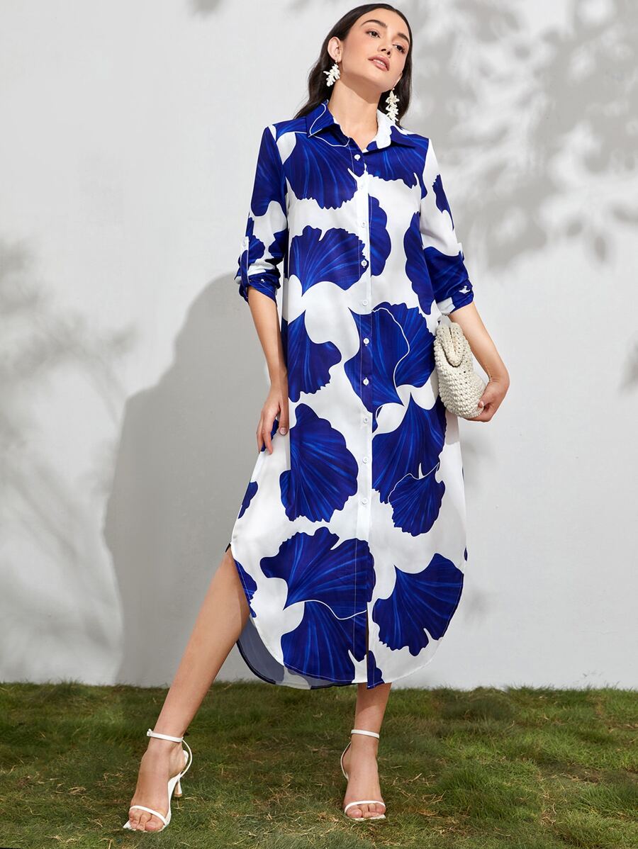 SHEIN Mulvari Ginkgo Biloba Print Button Front Shirt Dress | SHEIN USA
