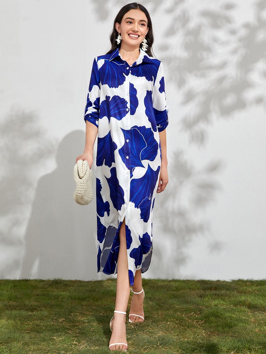 SHEIN Mulvari Ginkgo Biloba Print Button Front Shirt Dress | SHEIN USA