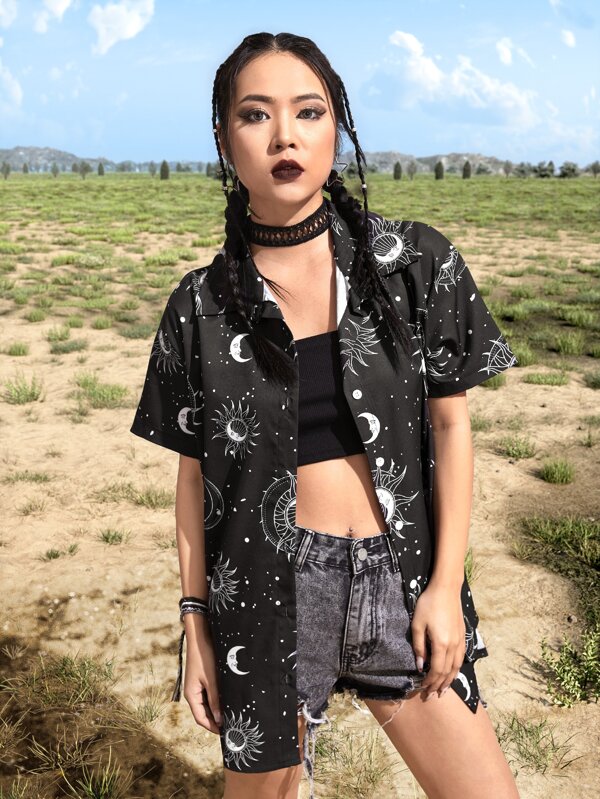 Goth Camisa Gráfico sol e lua Botão frontal Sem Top de Tubo | SHEIN Brasil