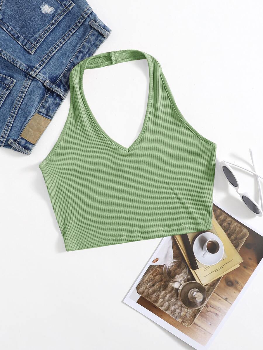 SHEIN EZwear Rib-Knit Crop Halter Top | SHEIN USA