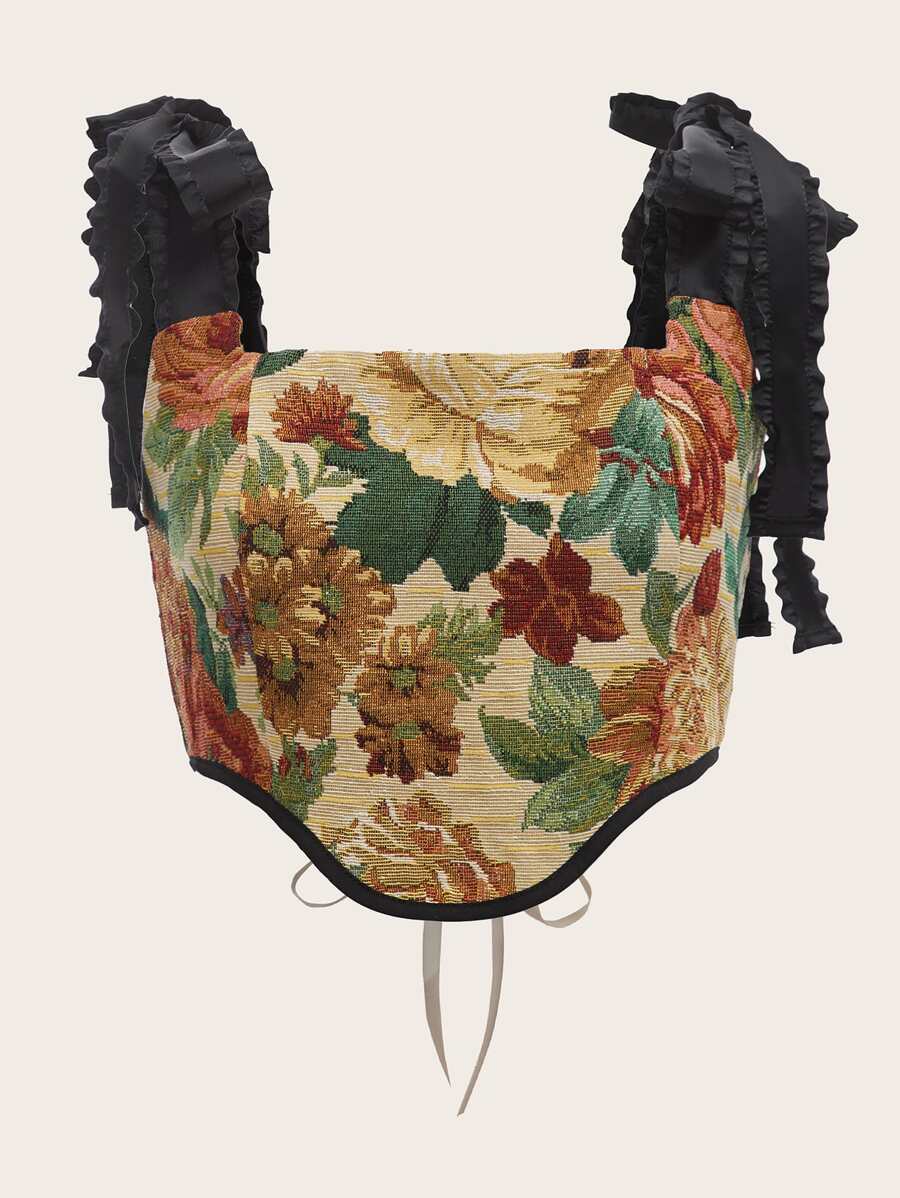 Floral Print Tied Shoulder Lace Up Crop Top | SHEIN USA