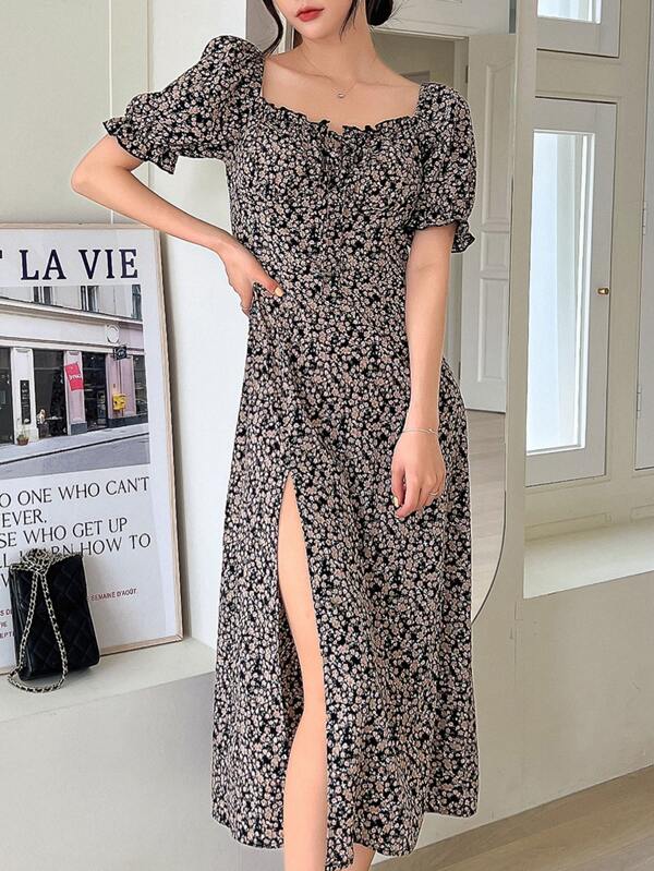 Dazy Ditsy Floral Print Knot Front Puff Sleeve Split Thigh Dress