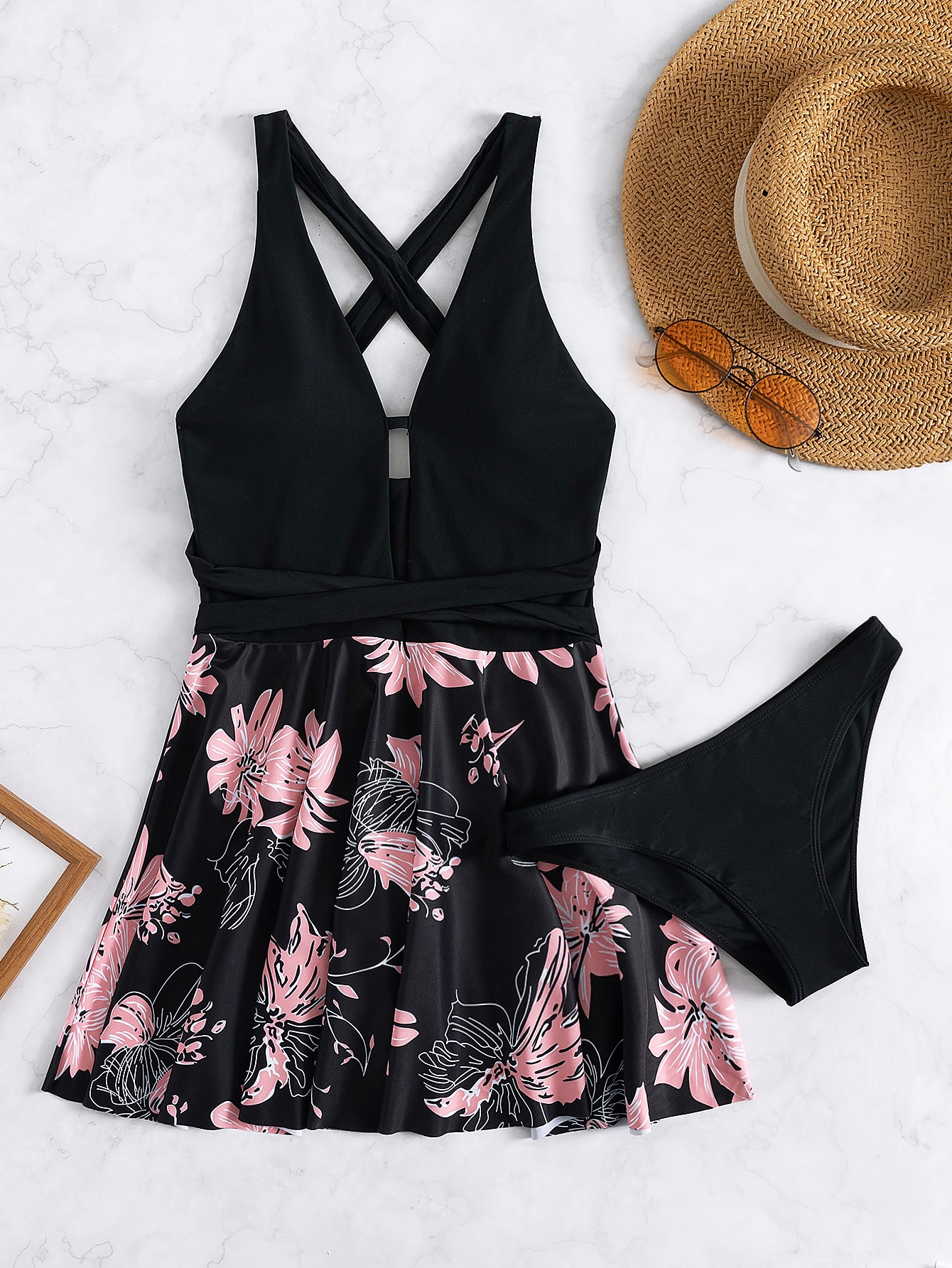 Random Tropical Print Crisscross Tie Back One Piece Swimsuit And Bikini