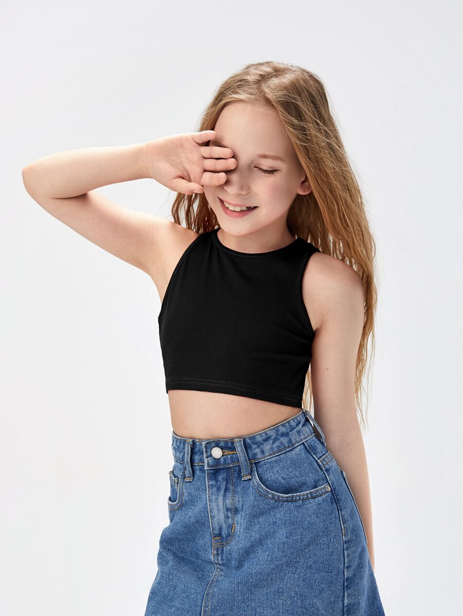 SHEIN Tween Girl Slim Fit Sleeveless Round Neck Solid Color Short Crop ...