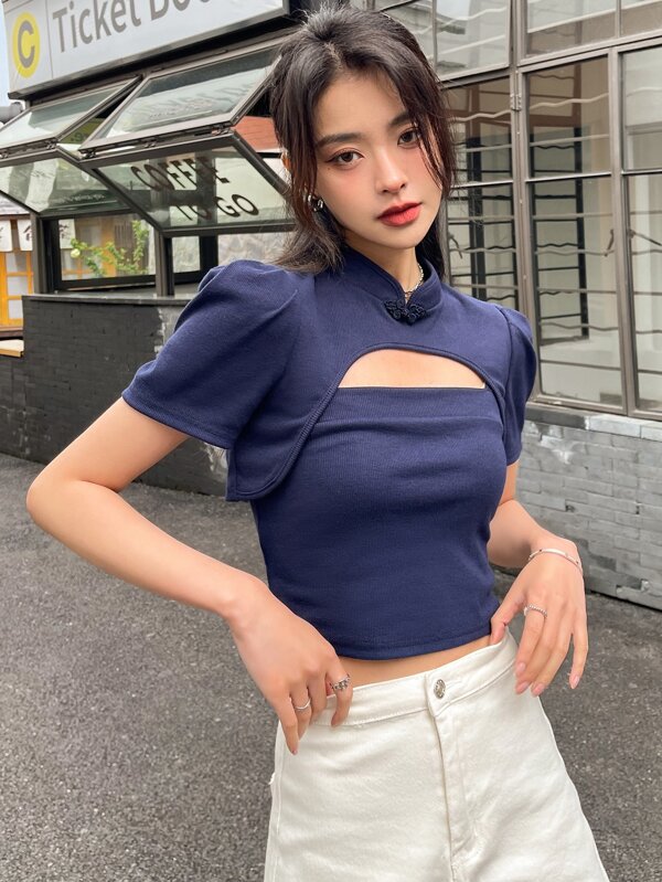 Dazy Mandarin Collar Rib Knit Cut Out Tee Shein In