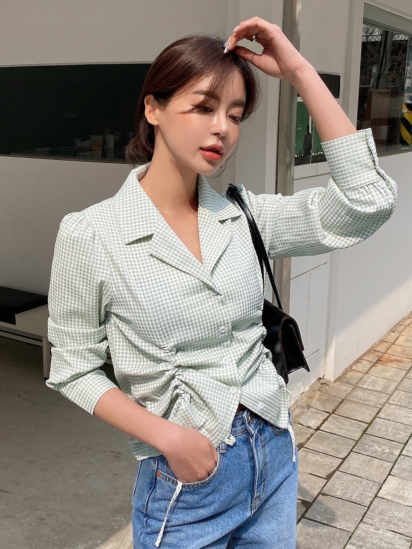 DAZY Gingham Ruched Drawstring Front Blouse | SHEIN USA