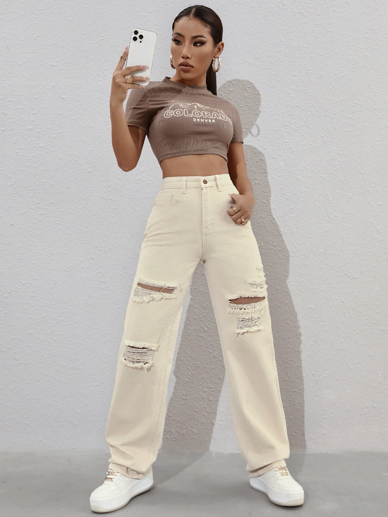 SHEIN EZwear High Waist Ripped Straight Leg Jeans | SHEIN UK