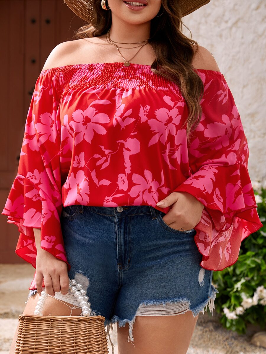 SHEIN VCAY Blusa con estampado floral de hombros descubiertos con fruncido de manga con volante ...