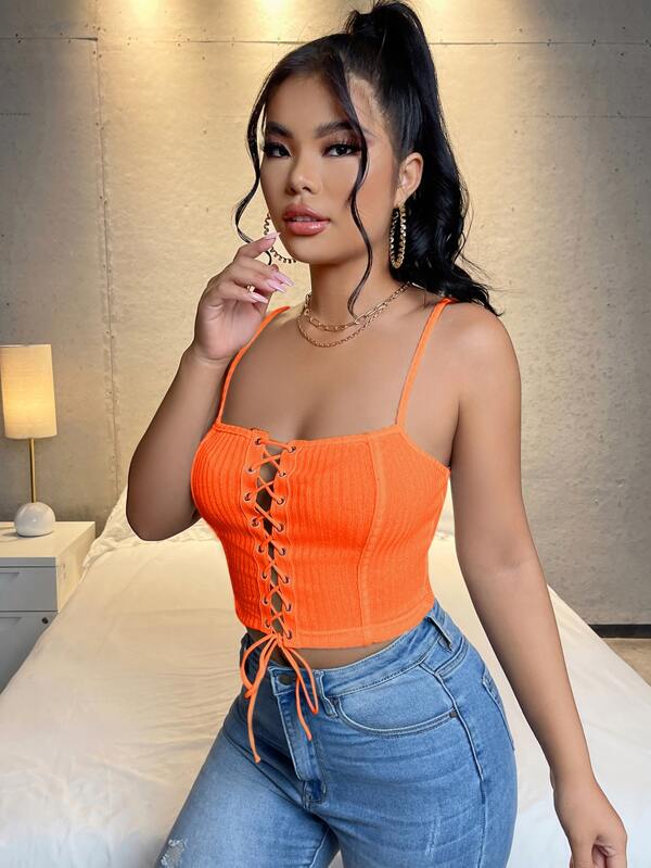 Shein Sxy Neon Orange Grommet Eyelet Lace Up Front Cami Top Shein Usa