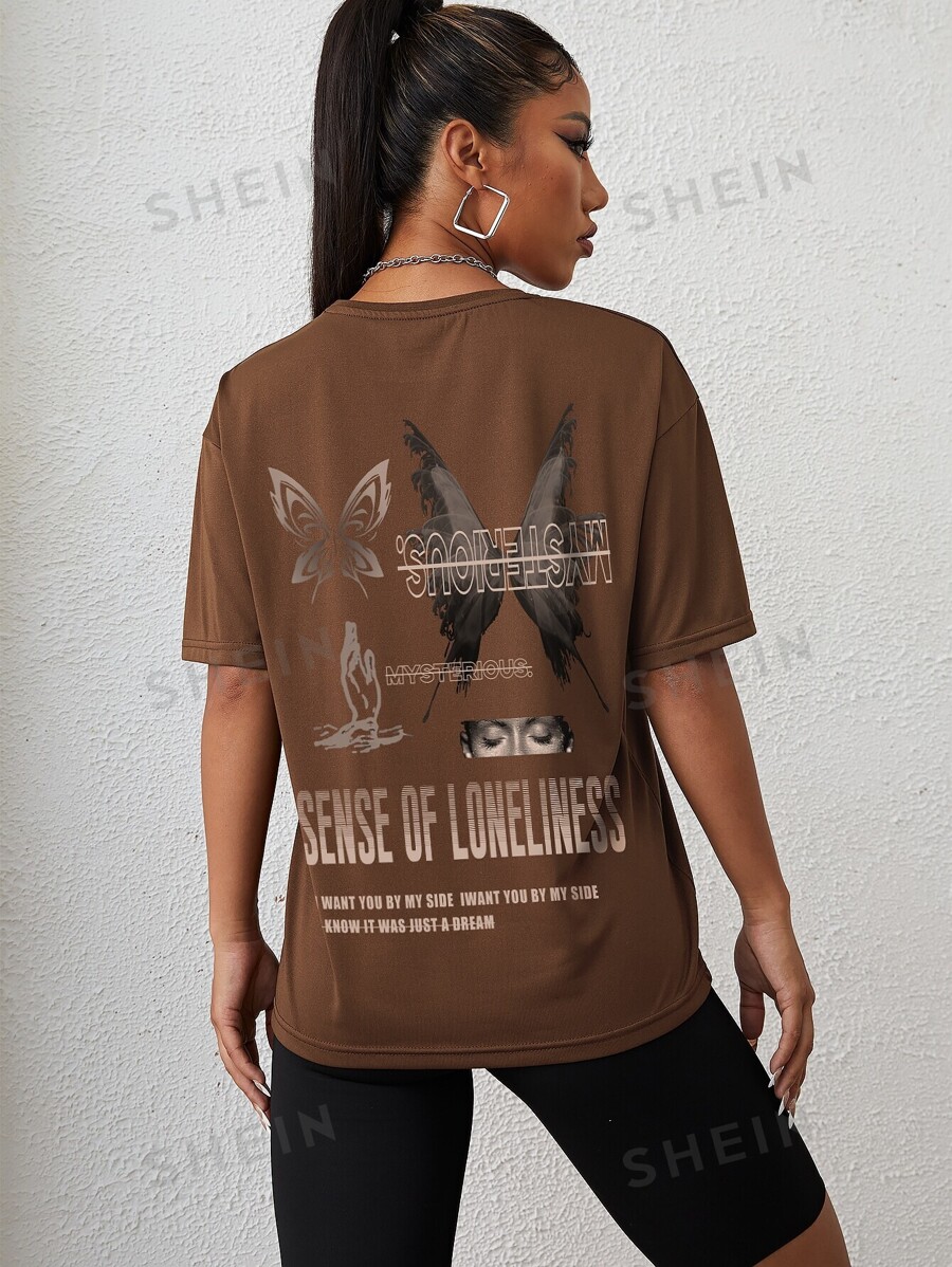 SHEIN EZwear Grafisch drop-shoulder T-shirt met vlinder en slogan ...