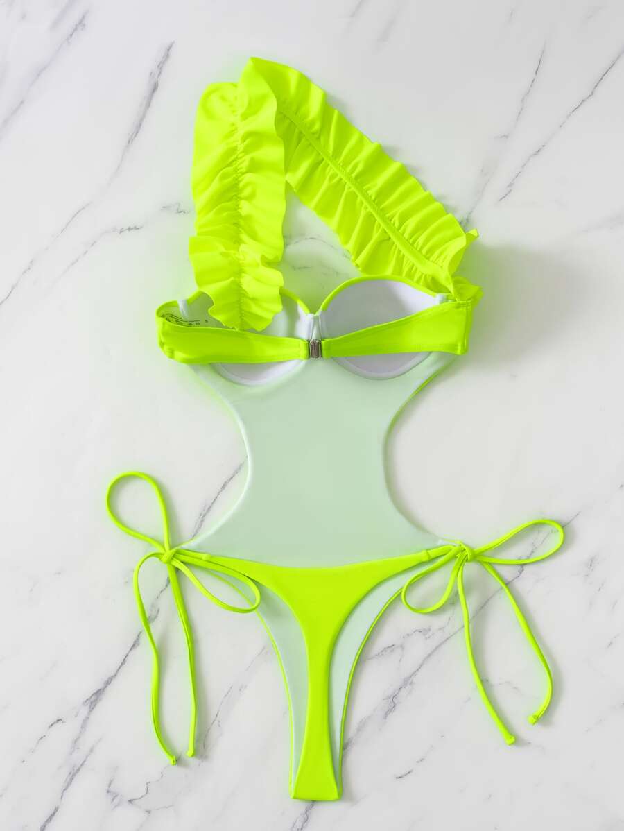 Shein Swim Neon Lime One Shoulder Ruffle Trim Tie Side Underwire One