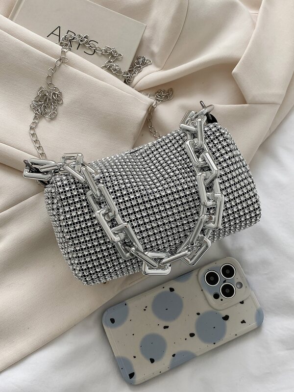 Mini Studded Decor Chain Bucket Bag Allover Rhinestone Zipper Handbag ...