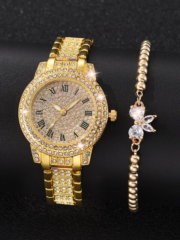 1pc Rhinestone Decor Round Pointer Quartz Watch & 1pc Bracelet | SHEIN