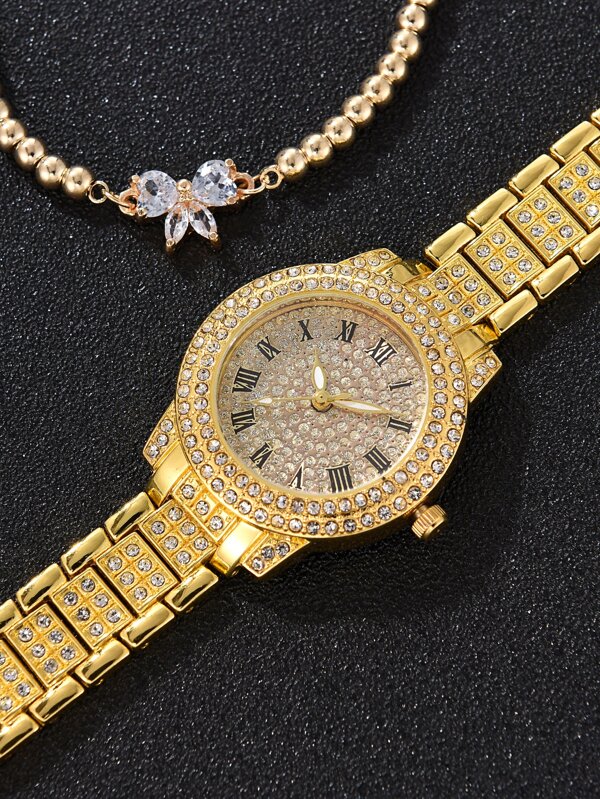 1pc Rhinestone Decor Round Pointer Quartz Watch & 1pc Bracelet | SHEIN