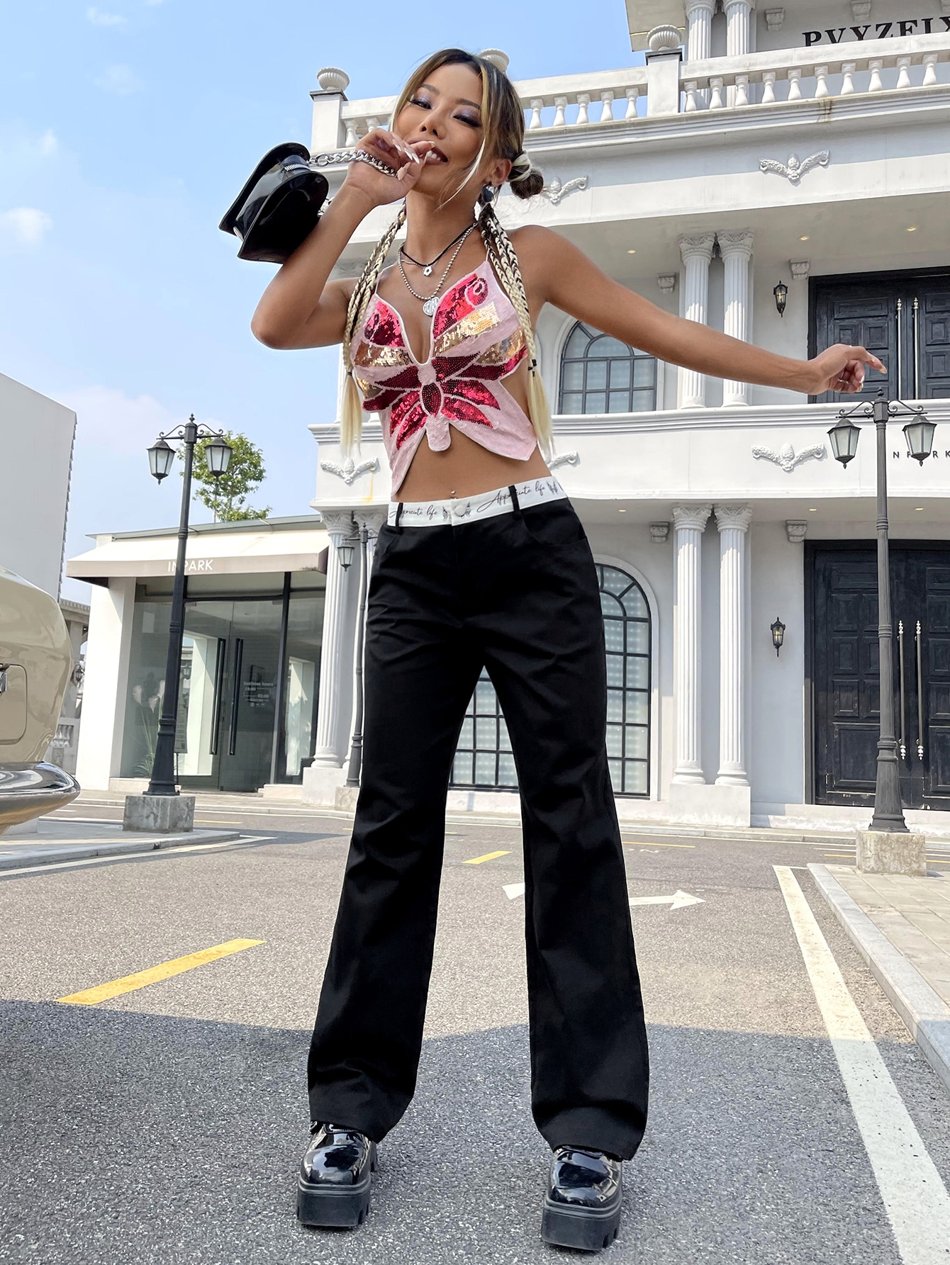 SHEIN ICON 90s Letter & Butterfly Print Flare Leg Trousers | SHEIN UK