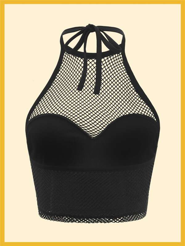ROMWE PUNK Fishnet Insert Tie Backless Halter Top | SHEIN USA