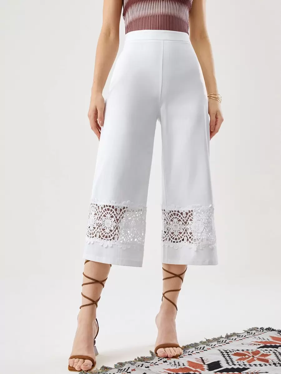 High Waist Guipure Lace Insert Wide Leg Pants | SHEIN USA