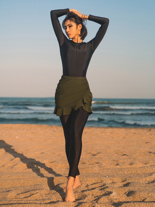 Full Body Zip Front One Piece Swimsuit & Beach Skirt & Pants | SHEIN USA