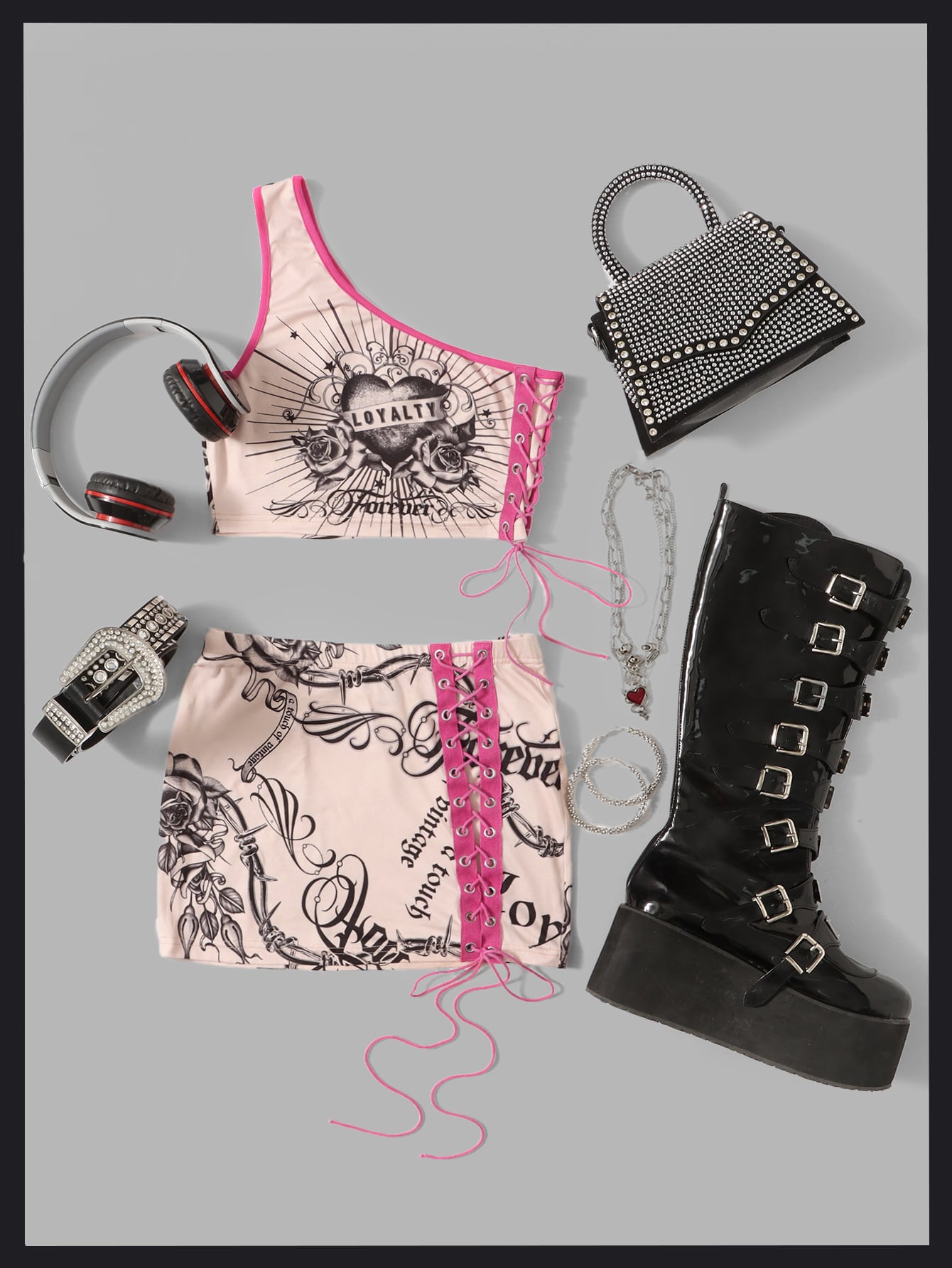 ROMWE PUNK Letter & Floral Print One Shoulder Grommet Lace Up Crop Top ...