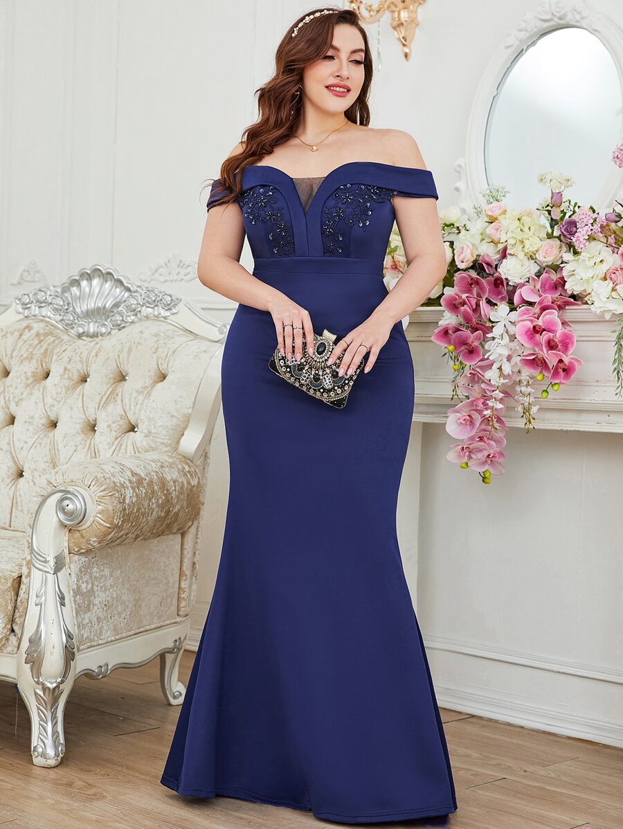 SHEIN Belle Plus Floral Embroidery Cold Shoulder Mermaid Hem Dress ...