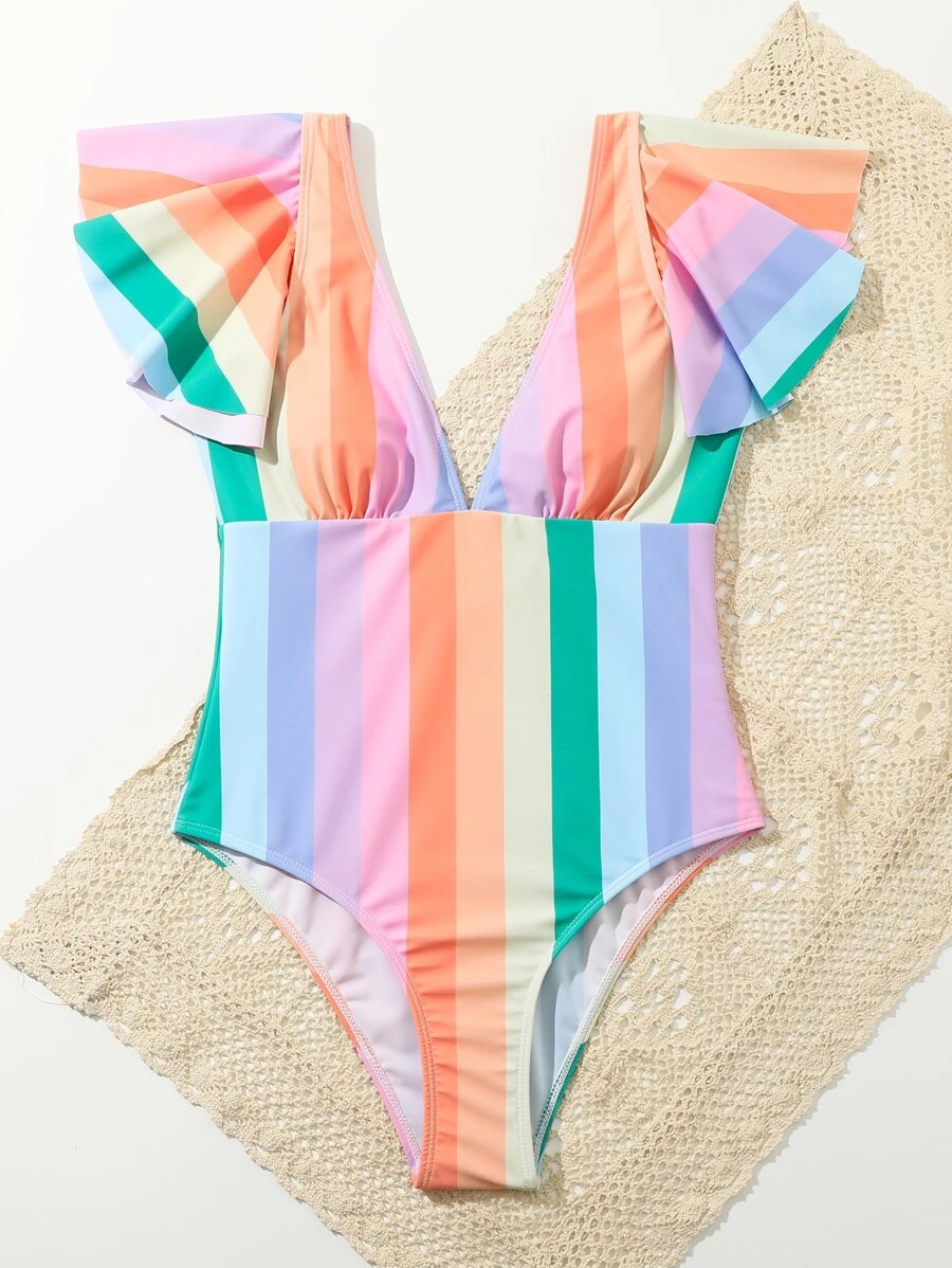 Striped Ruffle Trim One Piece Swimsuit | SHEIN USA