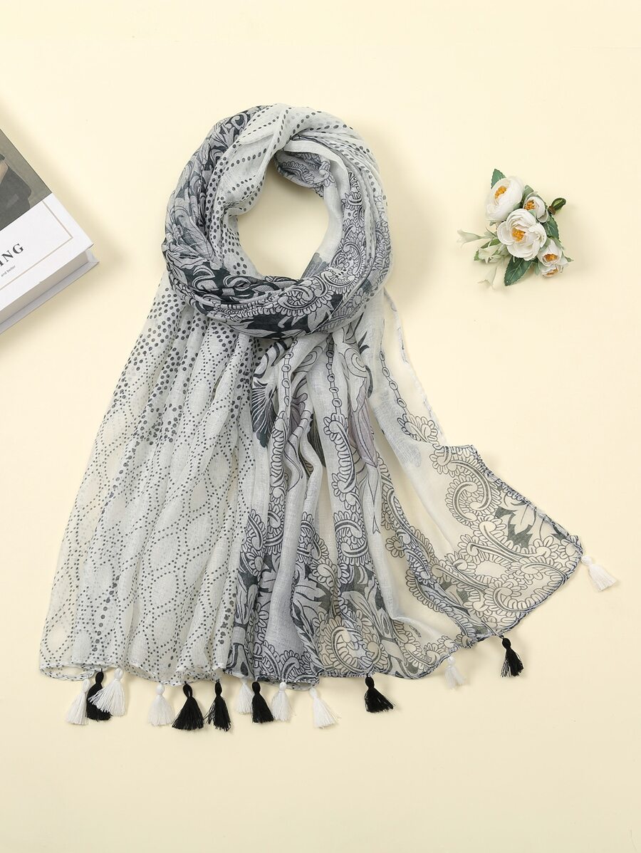 Scroll Print Tassel Trim Scarf | SHEIN USA