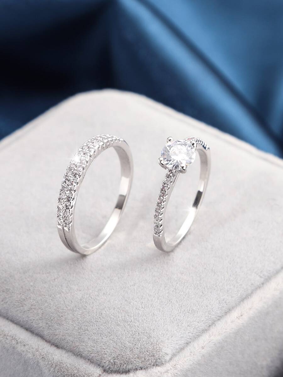2pcs Couple Cubic Zirconia Decor Ring | SHEIN USA